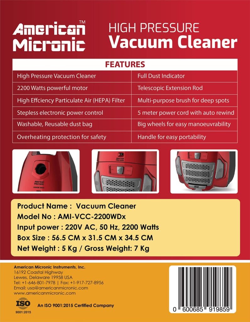 AMERICAN MICRONIC® 2200W Vacuum Cleaner | 32 KPa High Suction ...